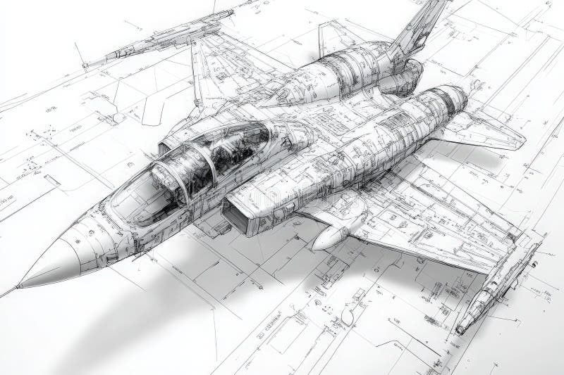 Technical Sketch of a Fighter Jet Showcasing Intricate Design Details ...