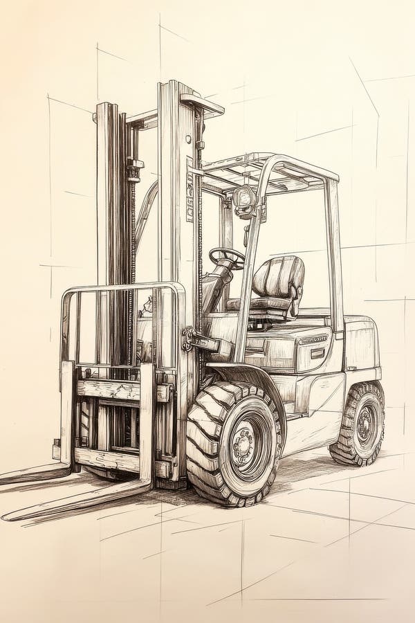Detailed Technical Sketch of a Forklift Truck with Precise ...