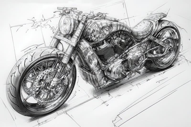 Technical Sketch Drawing of a Motorcycle Design with Intricate Details ...