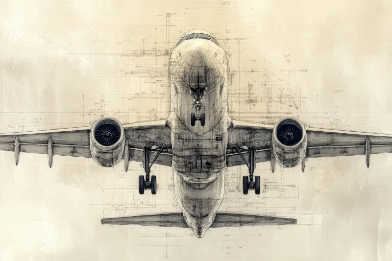 Technical Sketch of a Commercial Aircraft Design Showcasing Various ...
