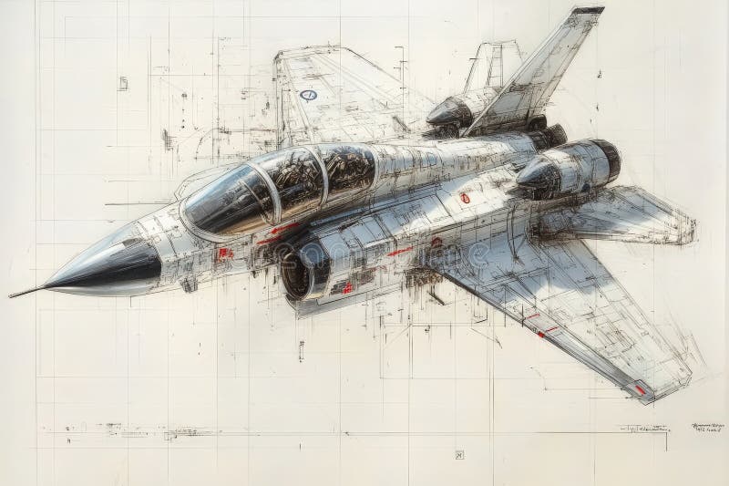 Detailed Technical Sketch of a Jet Fighter, Highlighting Design ...