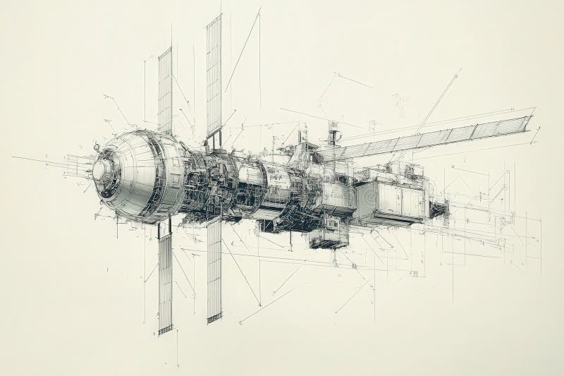 Technical Sketch Drawing of a Satellite Design Showcasing Advanced ...