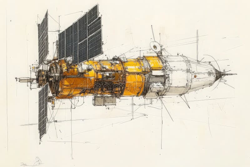 Technical Sketch Drawing of a Communications Satellite Showcasing ...