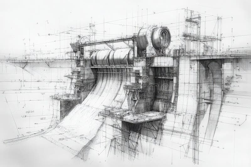 Technical Sketch of a Hydroelectric Dam Design Featuring Engineering ...
