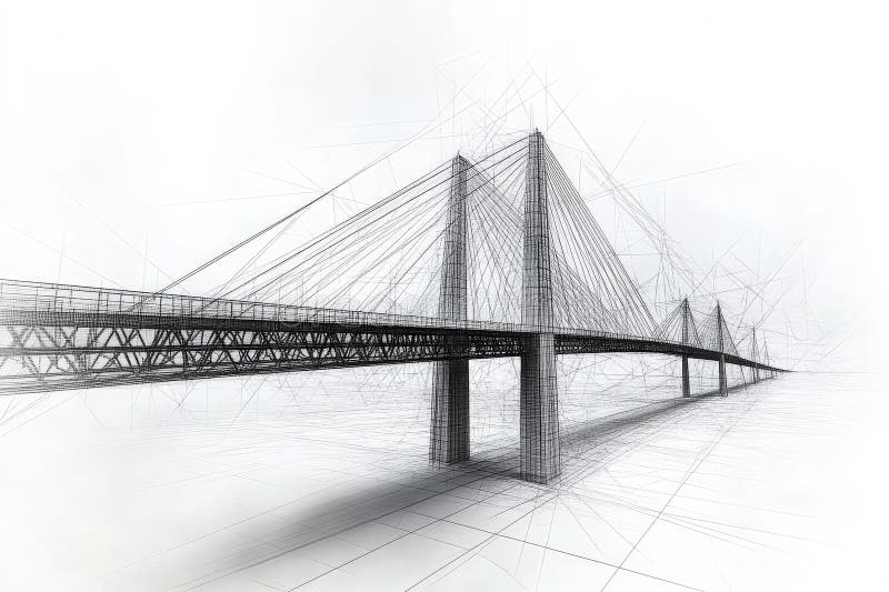 Modern Suspension Bridge Design Sketch with Detailed Structural ...