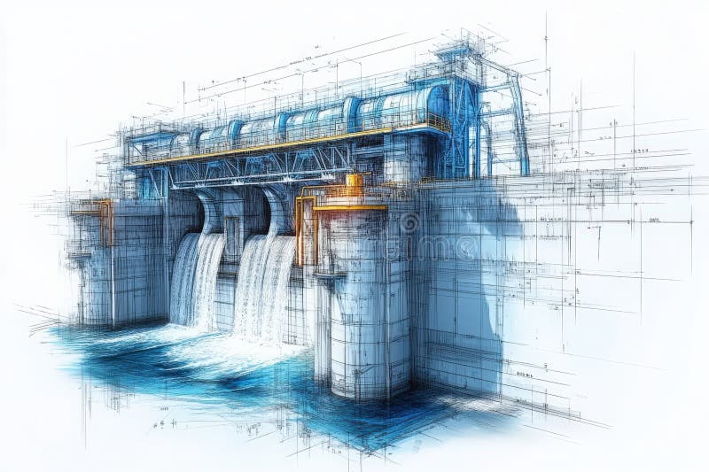 Technical Sketch of a Hydroelectric Dam Highlighting Structure, Water ...