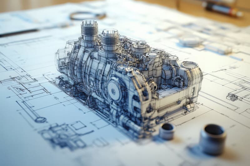 Technical Sketch of an Automobile Engine Layout on Drafting Paper with ...