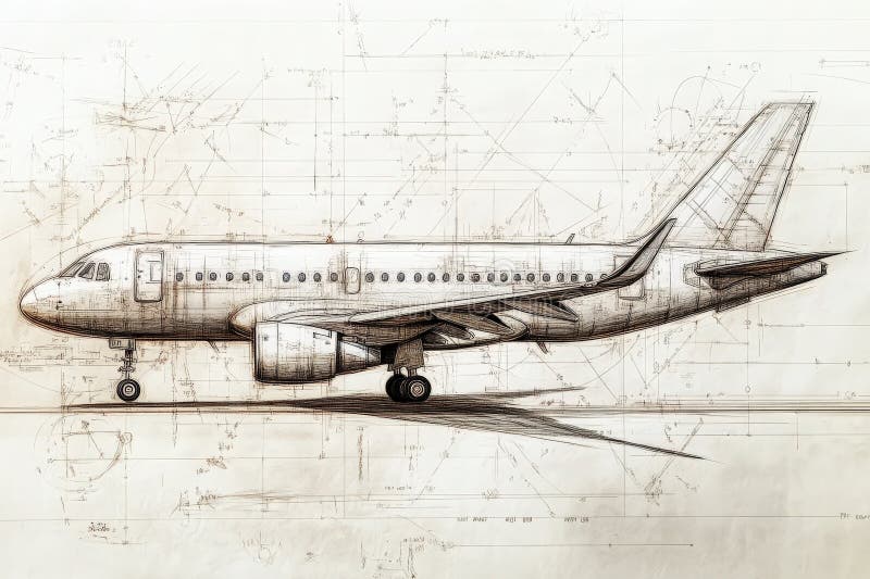 Technical Sketch of a Modern Aircraft Design Highlighting Precise ...