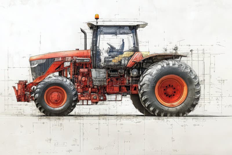 Technical Sketch Drawing of a Modern Tractor Showcasing Detailed Design ...