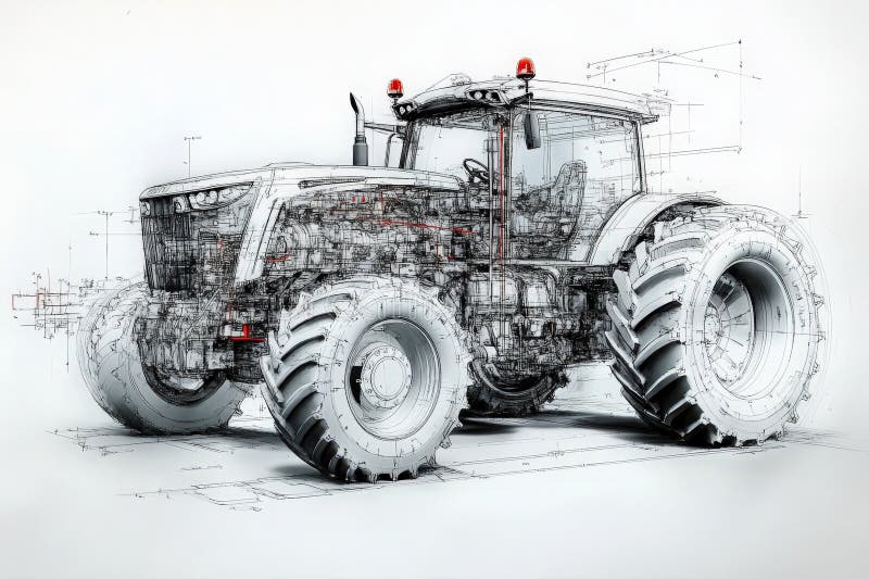 Technical Sketch of a Modern Tractor Showcasing Detailed Engineering ...