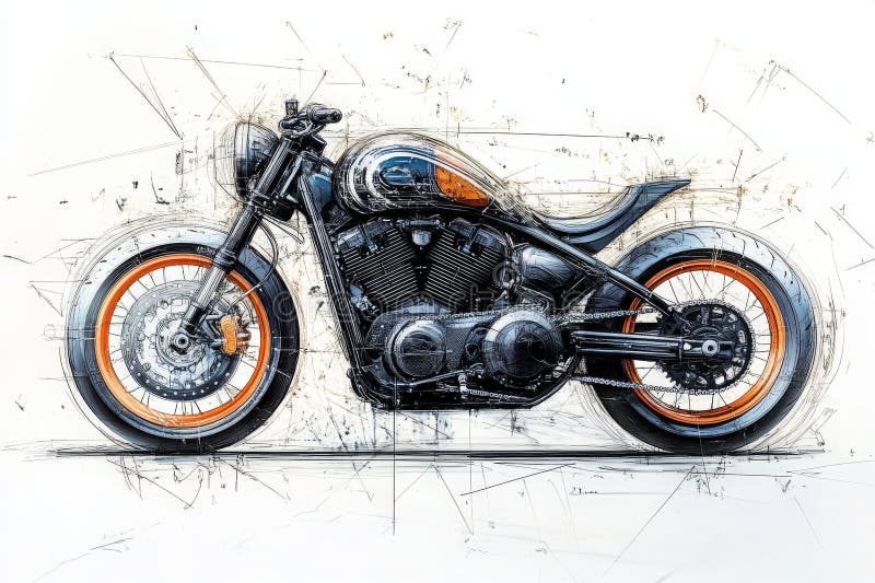 Technical Sketch of a Motorcycle Showcasing Design Elements and ...