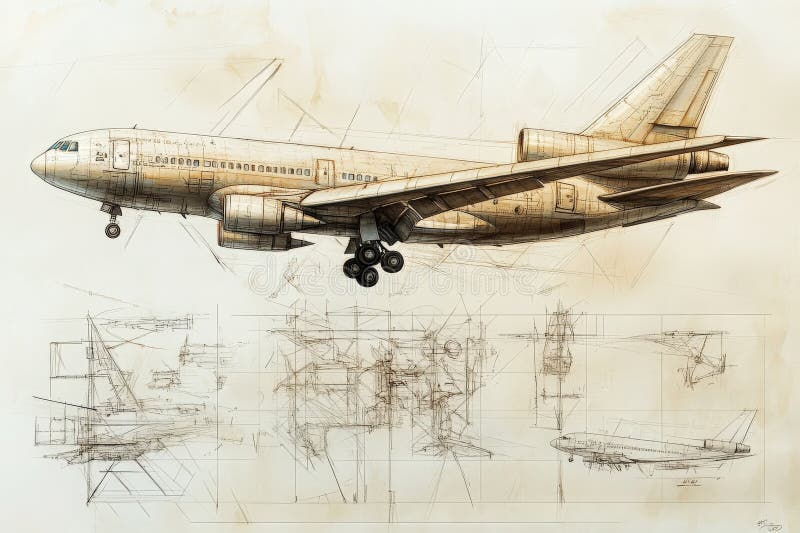 Technical Sketch of a Commercial Aircraft Design Showcasing Various ...