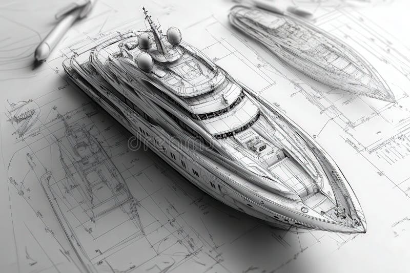 Intricate Technical Sketch of a Luxury Yacht on Drafting Table with ...