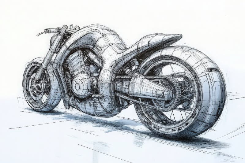 Detailed Technical Sketch of a Modern Motorcycle Design with Innovative ...