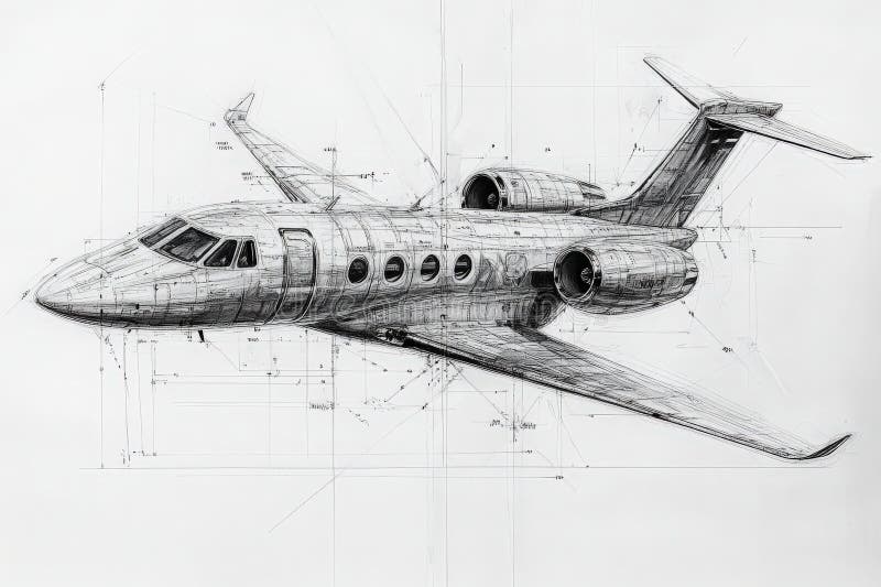 Technical Sketch of a Private Jet Design Featuring Detailed Engineering ...