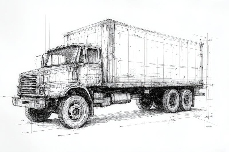 Technical Sketch of a Delivery Truck Showing Detailed Design Elements ...