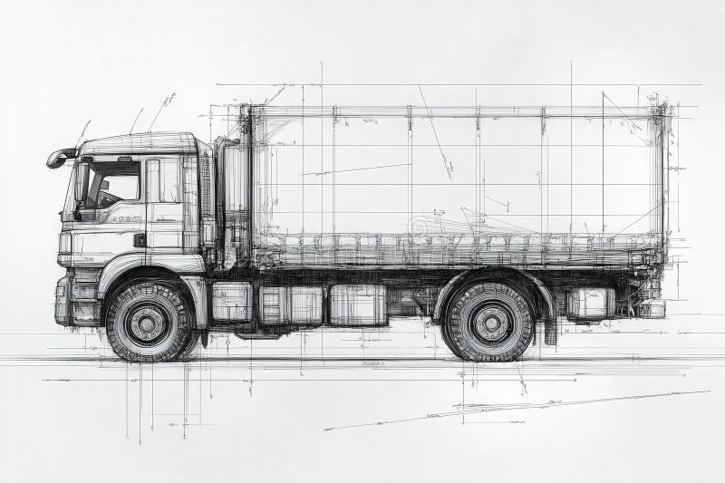Technical Sketch of a Delivery Truck Design Illustrating Detailed ...