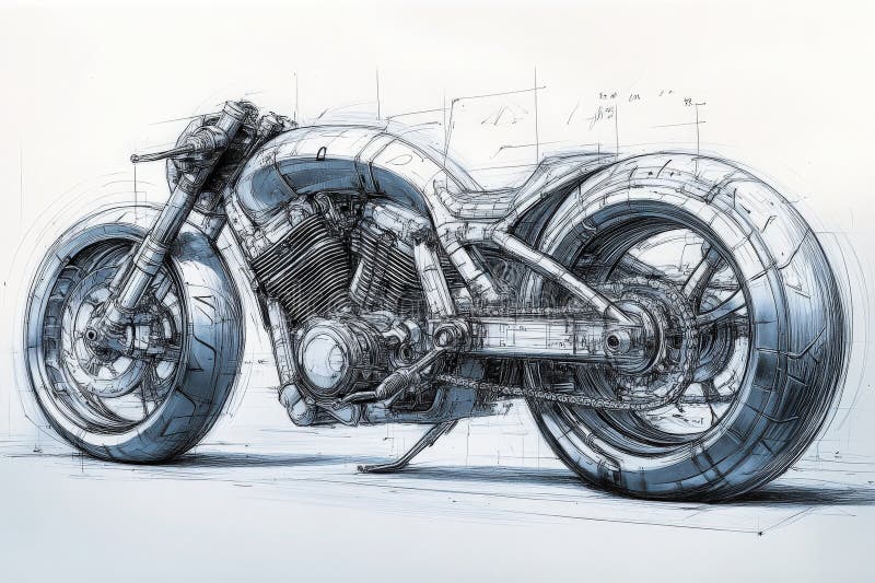 Technical Sketch of a Motorcycle Design Featuring Detailed Components ...