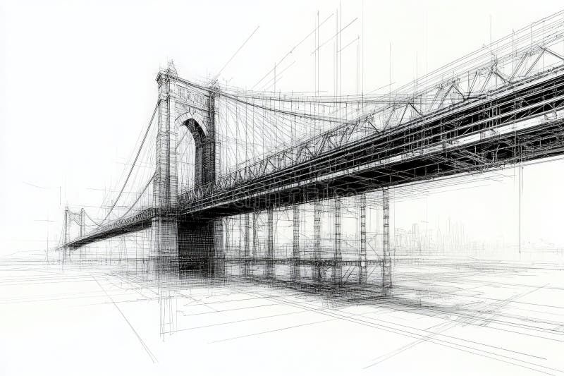 Technical Sketch of a Suspension Bridge Design Illustrating Structural ...