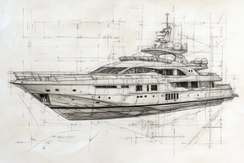 Intricate Technical Sketch Drawing of a Luxury Yacht Design on Graph ...