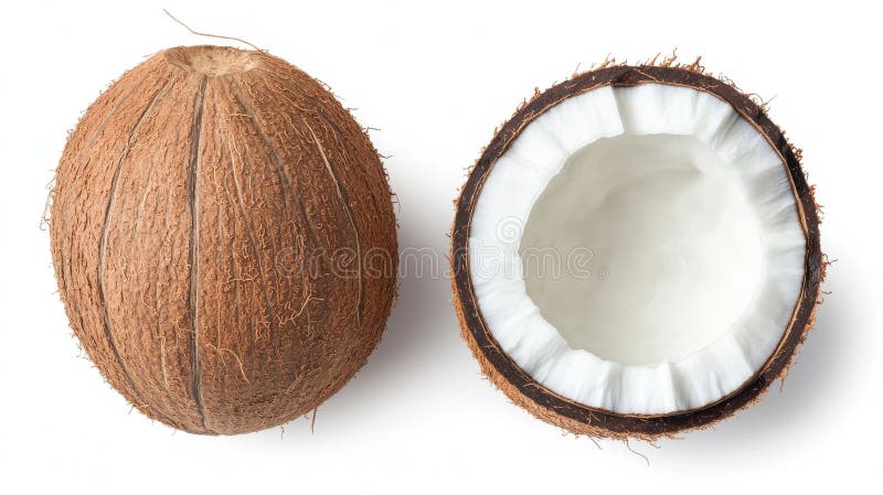 Detailed Textures of a Whole and Half Coconut are Presented on a Plain ...