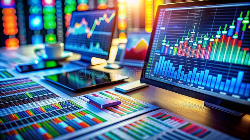 Detailed TiltShift View of a Financial Analysts Workspace ...