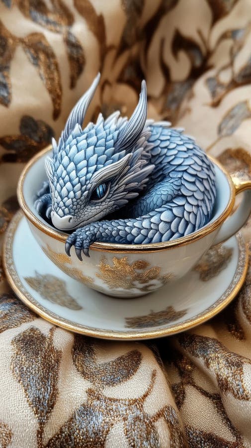 A Detailed Tiny Dragon Curled Up Inside a Teacup, Scales Shimmering ...