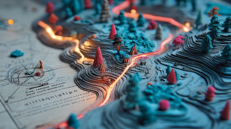 Detailed Topographic Map with Miniature Trees and Illuminated Paths ...