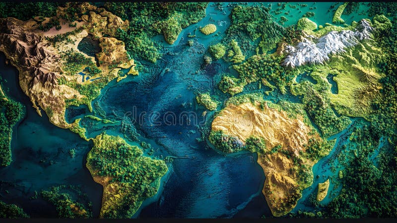 Detailed Topographic World Map with Forests, Mountains, and Oceans ...