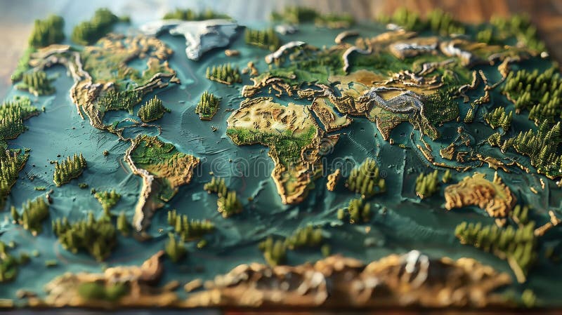 Detailed Topographical Map of the World Displayed on a Wooden Surface ...