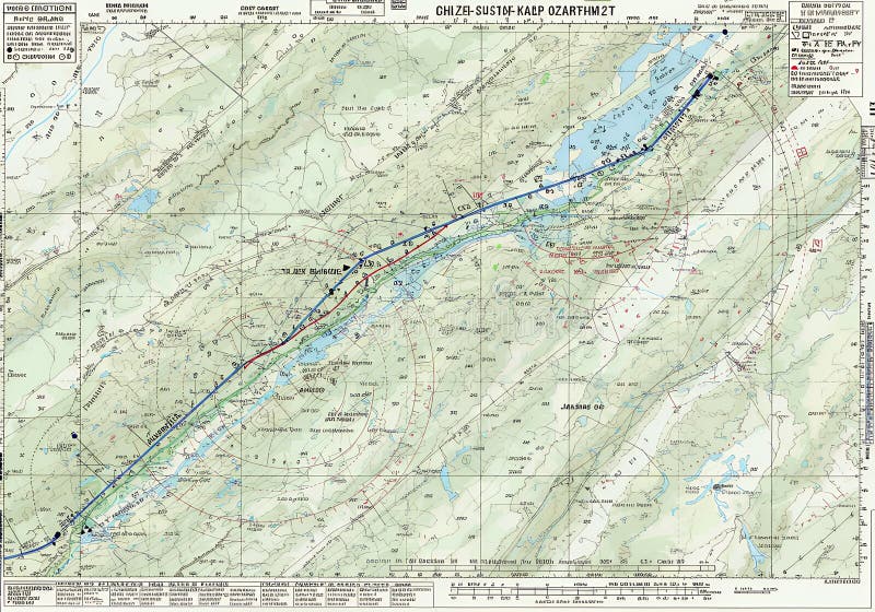 Detailed Topographical Navigation Chart Featuring Blue River and Green ...