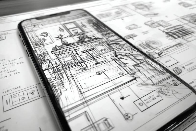 UI Layout Wireframe Displayed Above Smartphone in Augmented Reality ...