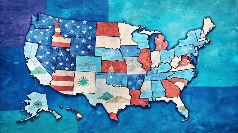 Detailed USA State Flags Map with Blue Border DocumentaryStyle Visual ...