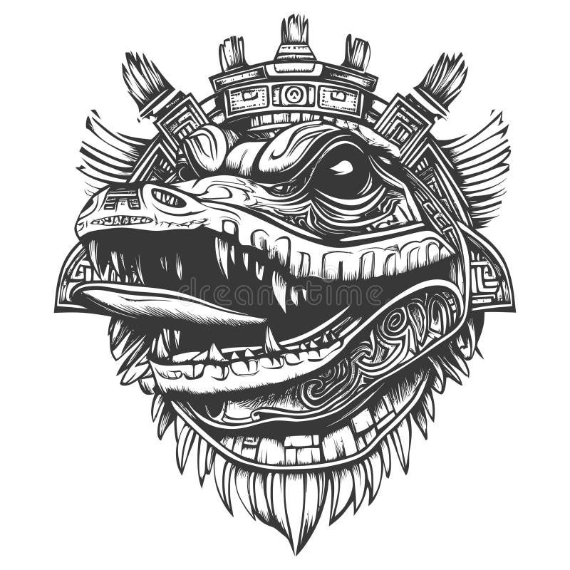 Fierce Mayan-Style Serpent Head with Ancient Architecture Crown, Vector ...