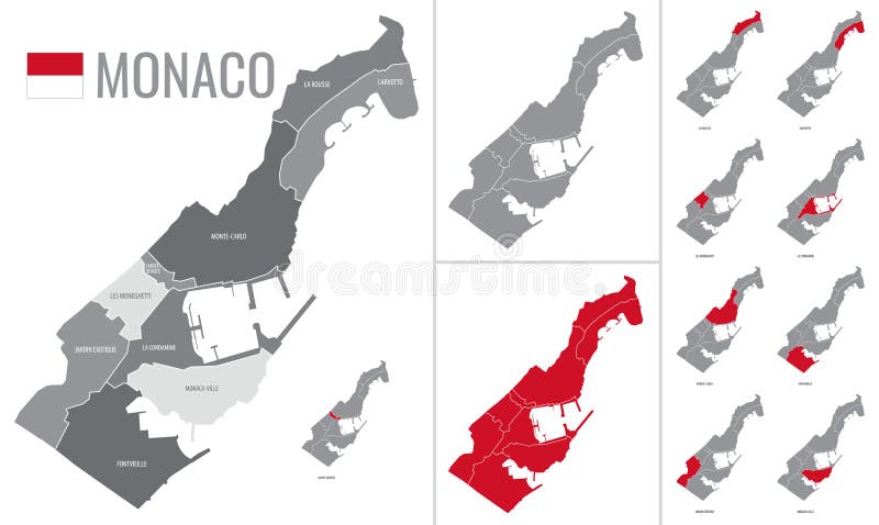 Detailed Vector Map of Regions of Monaco with Flag Stock Vector ...