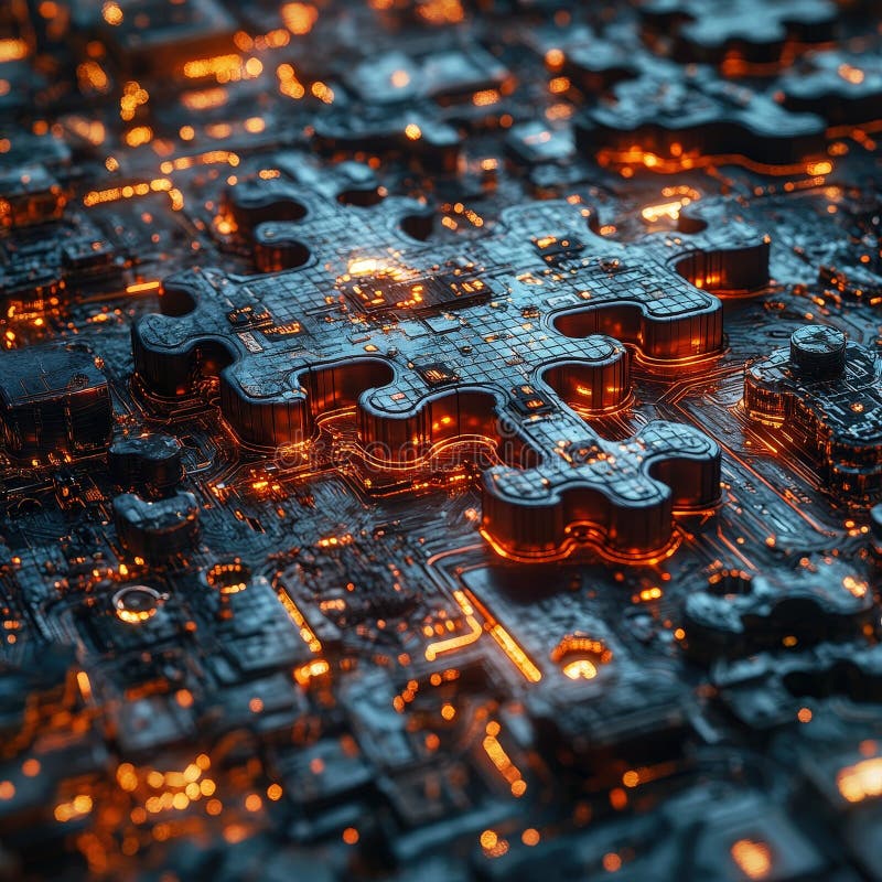 Futuristic Puzzle with Glowing Circuit Board Features Stock Photo ...