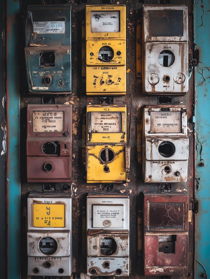 Detailed View of an Aged Electrical Panel Showcasing Multiple Meters ...