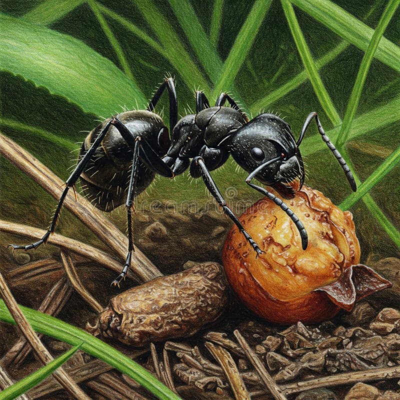 Detailed View of Ant Eating Fruit on Ground Stock Image - Image of ...