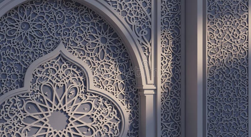 Elegant Islamic Geometric and Arabesque Patterns Adorn a Grey ...