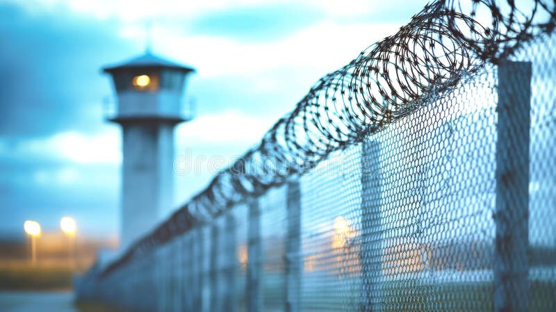 Detailed View of a Barbed Wire Fence with a Guard Tower at a Prison ...