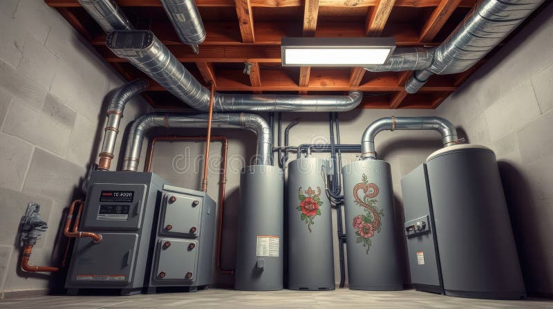Basement Mechanical Room with Boiler, Water Heaters & Ductwork Stock ...