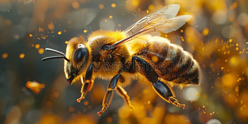 A Detailed View of a Bee in Flight, Performing Pollination in the Air ...