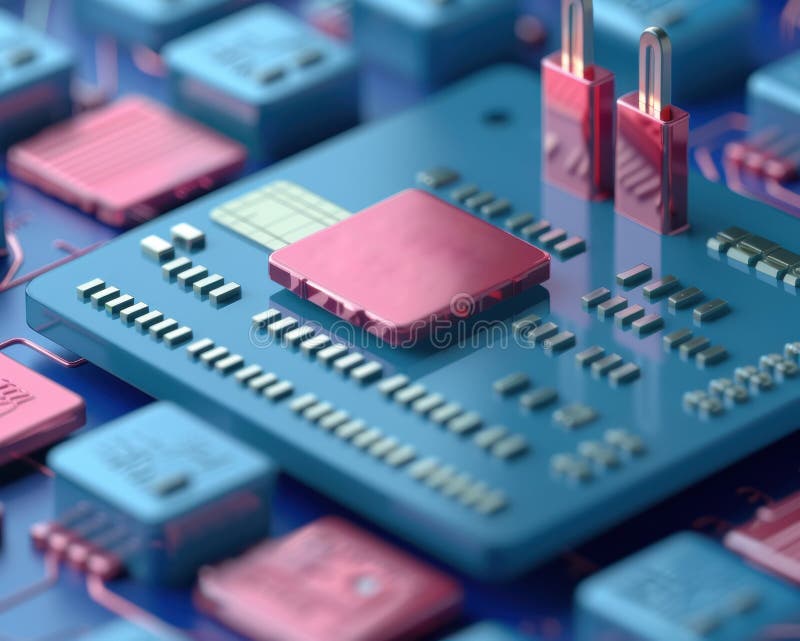 Detailed View of a Blue Circuit Board with Pink and Blue Components ...