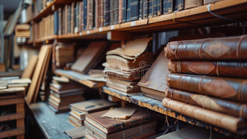 A Detailed View of a Bookbinding Workshop with Shelves Lined with Books ...