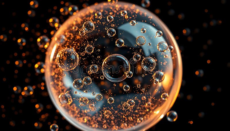 Intricate Close-up of Bubbles with Glowing Amber Particles Against a ...