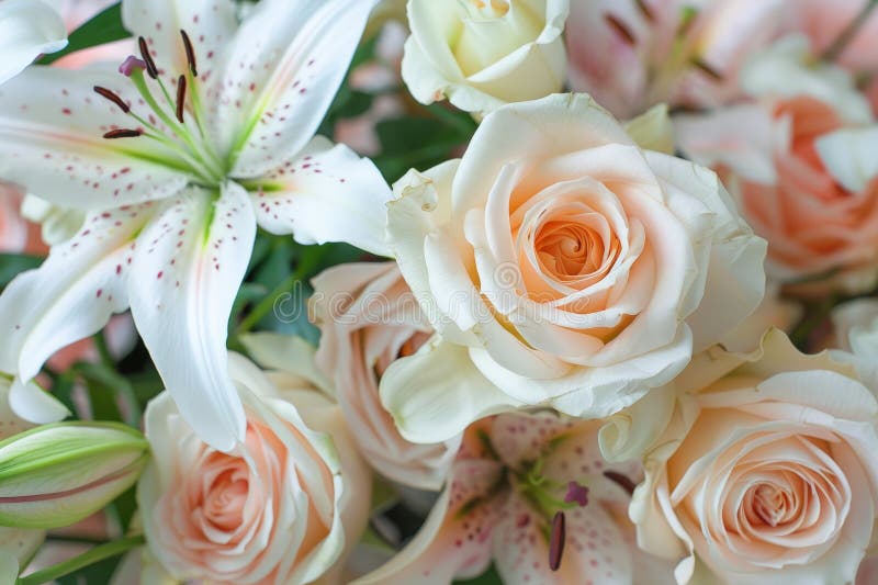 Detailed View of a Bunch of White Roses and Lilies in Full Bloom ...