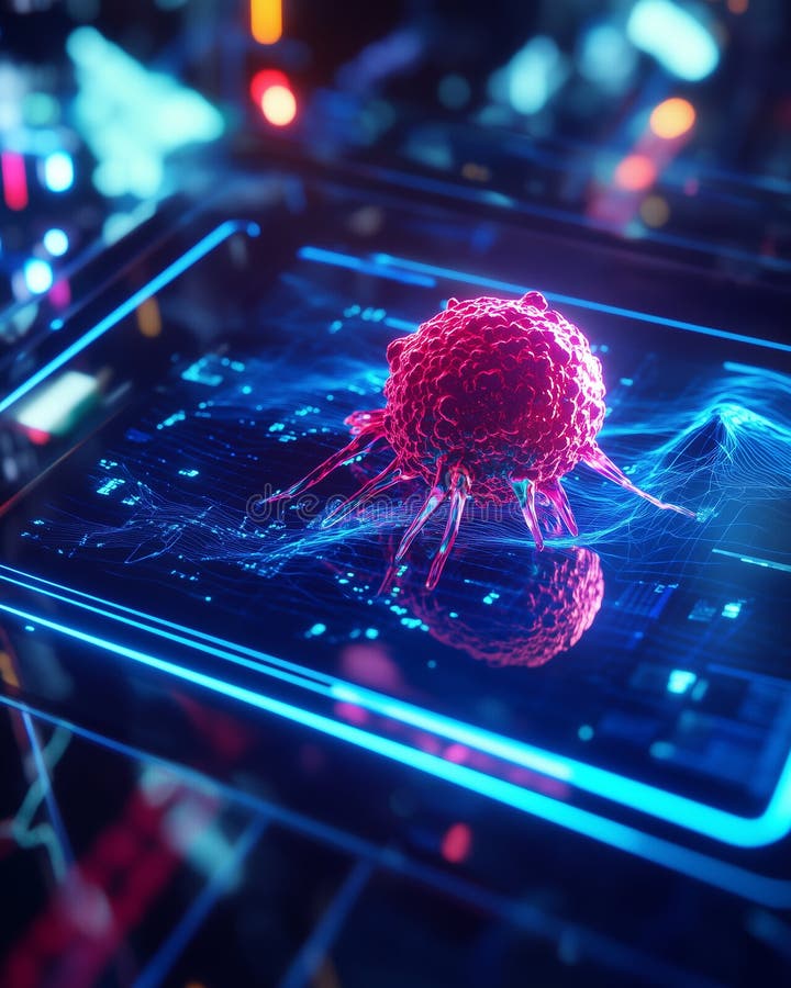 Detailed View of a Cancer Cell Model Illuminated on a Digital Display ...