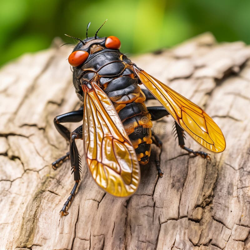 Detailed View of Cicada with Bright Red Eyes and Orange Wings on Tree ...