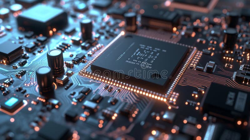 Detailed View of Circuit Board with Multiple Chips and Glowing Lights ...