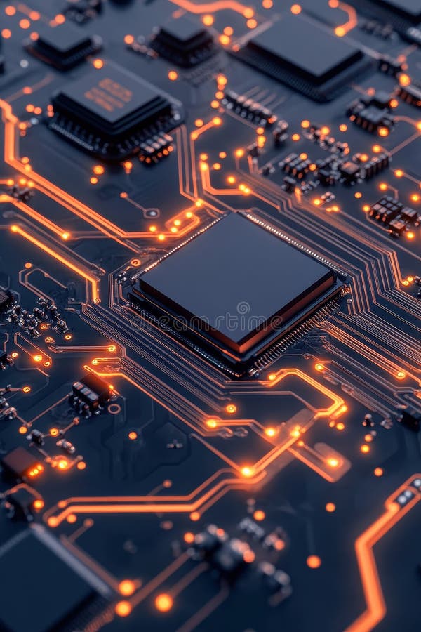 Detailed View Circuit Board. Orange Traces Connect Different Chips ...